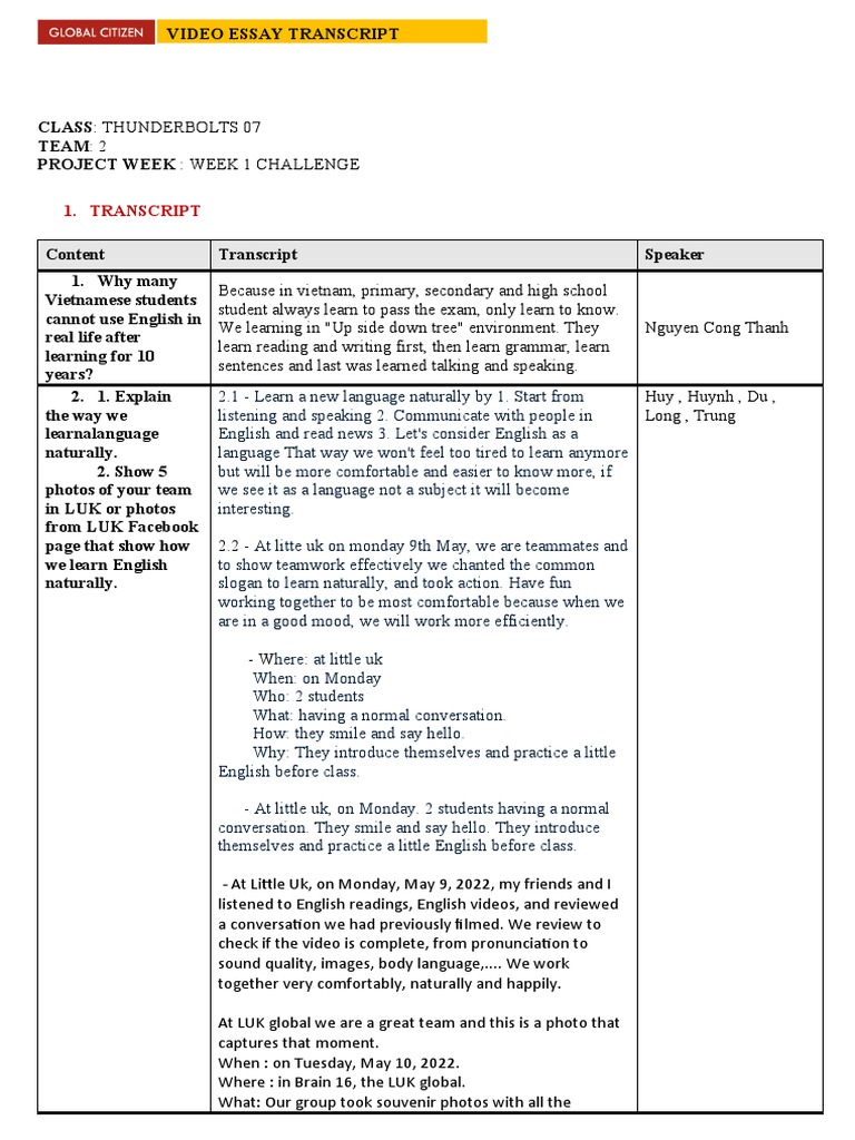 (Class) - (Team) Transcript-1 | PDF | Linguistics | Vietnam