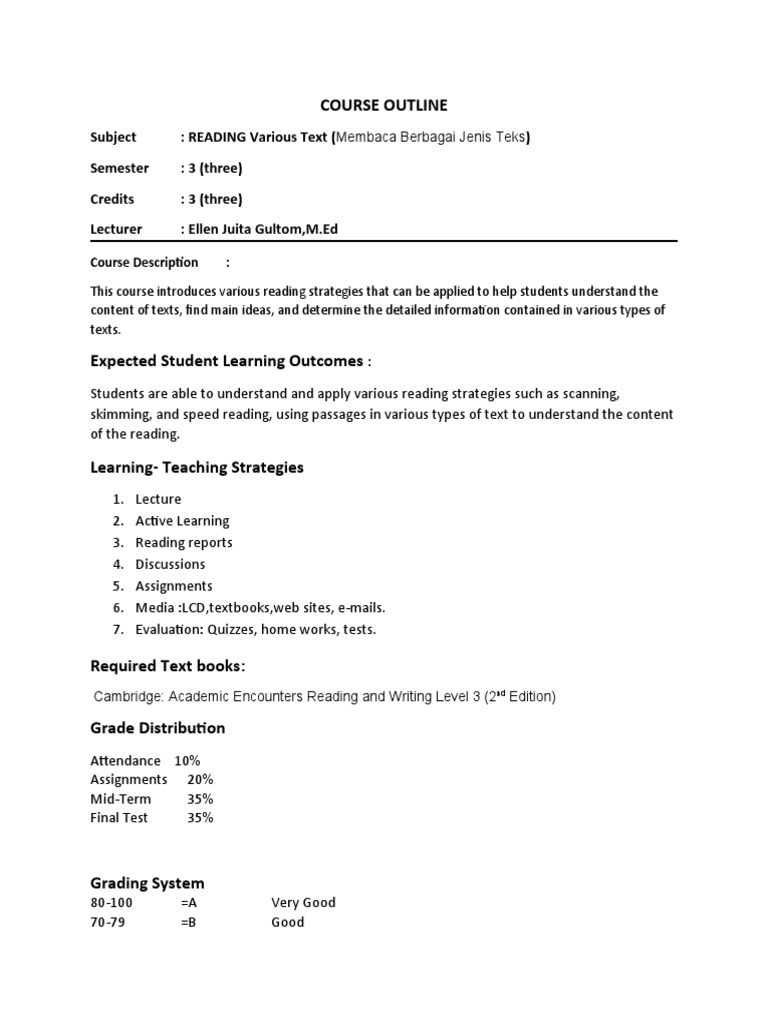 Reading Course Outline | PDF | Speed Reading | Textbook