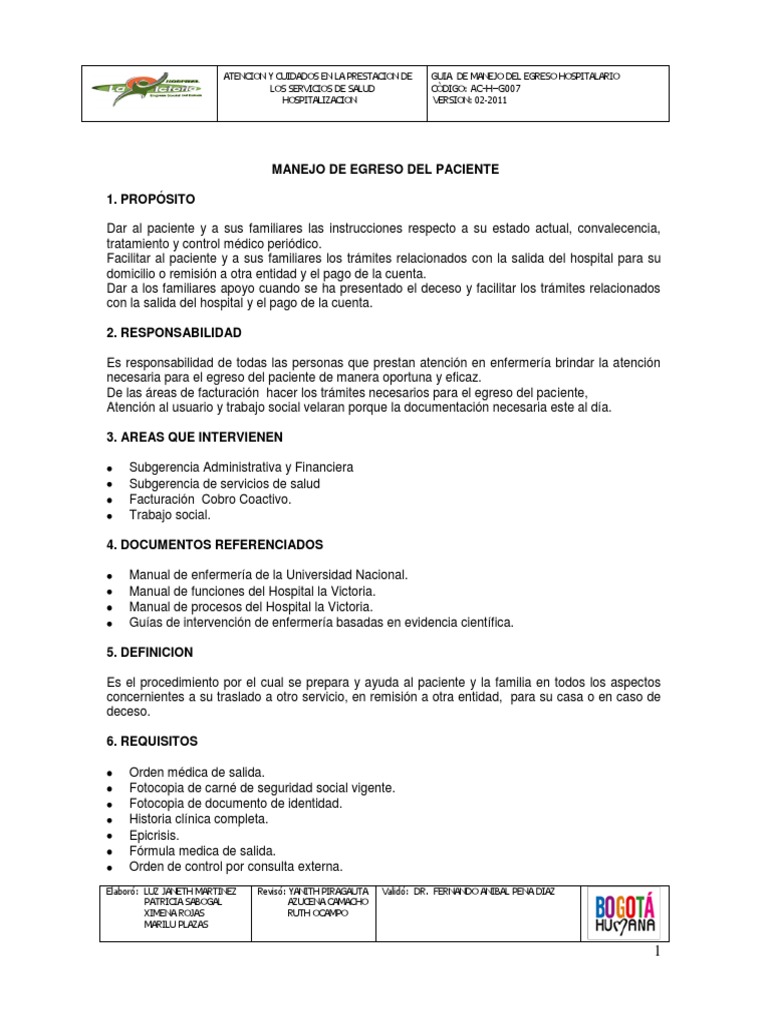 Guía para el manejo del egreso hospitalario: instrucciones para una ...