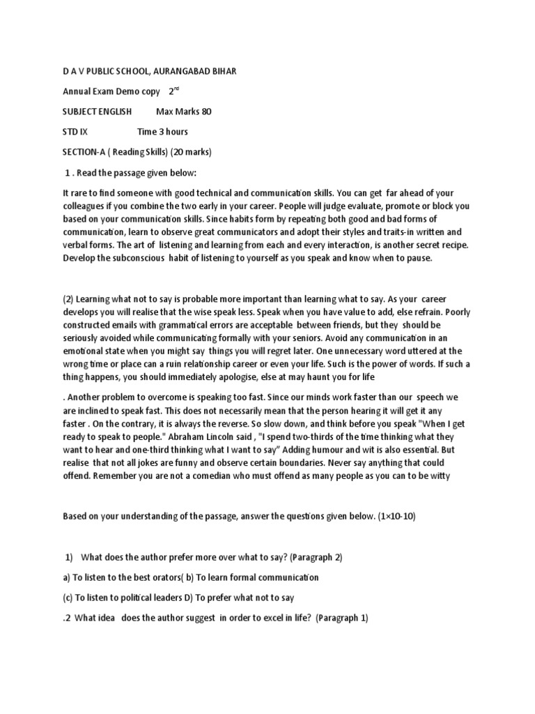 Eng Class 9 Set 2 Paper | PDF | Ice | Communication