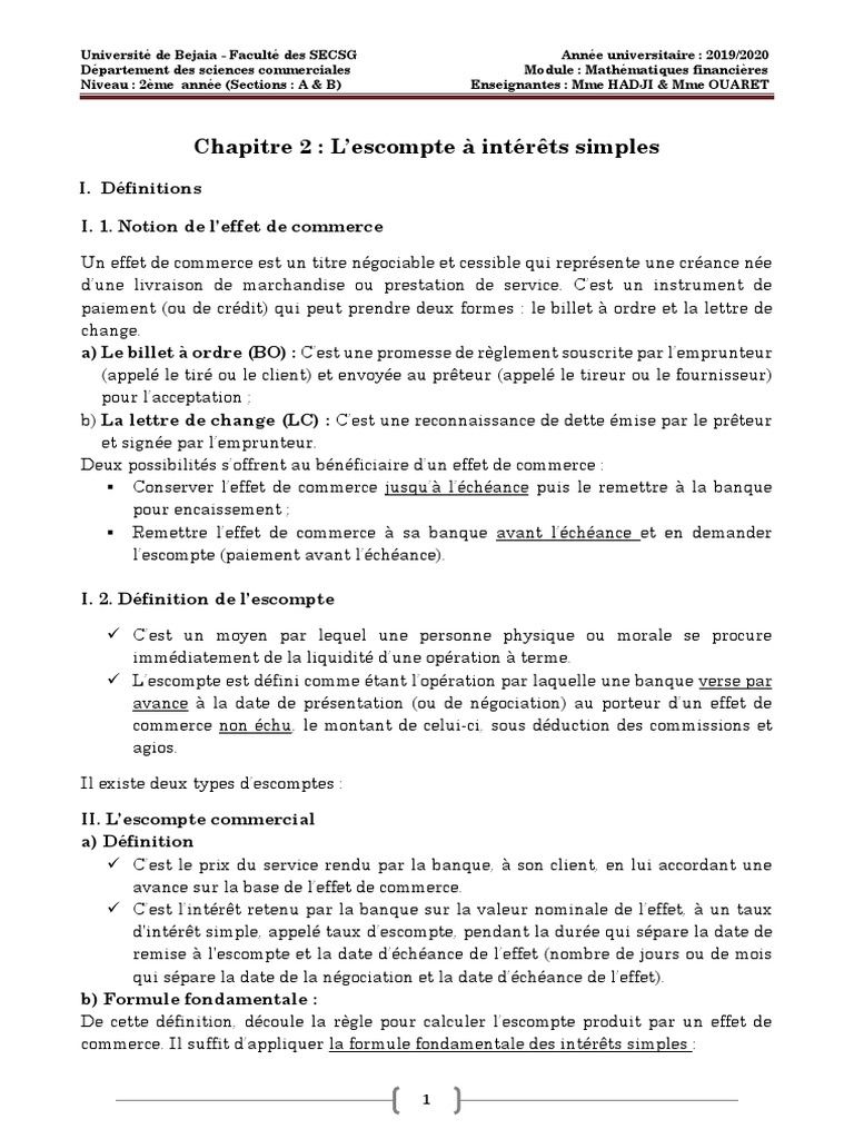 Chapitre 2-Escompte À Intérêts Simples PDF | PDF | Effet de commerce | Taxe sur la valeur ajoutée