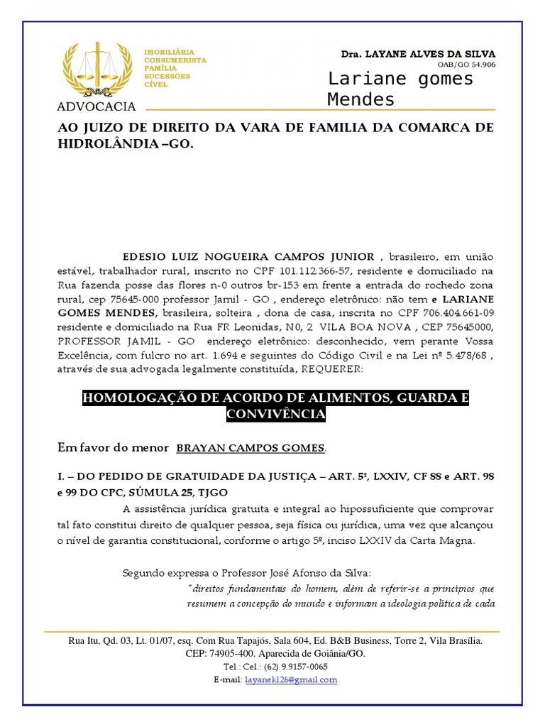 HOMOLOGAÇÃO DE ACORDO EXTRAJUDICIAL - EDESIO X LARIANE - ALIMENTOS ...