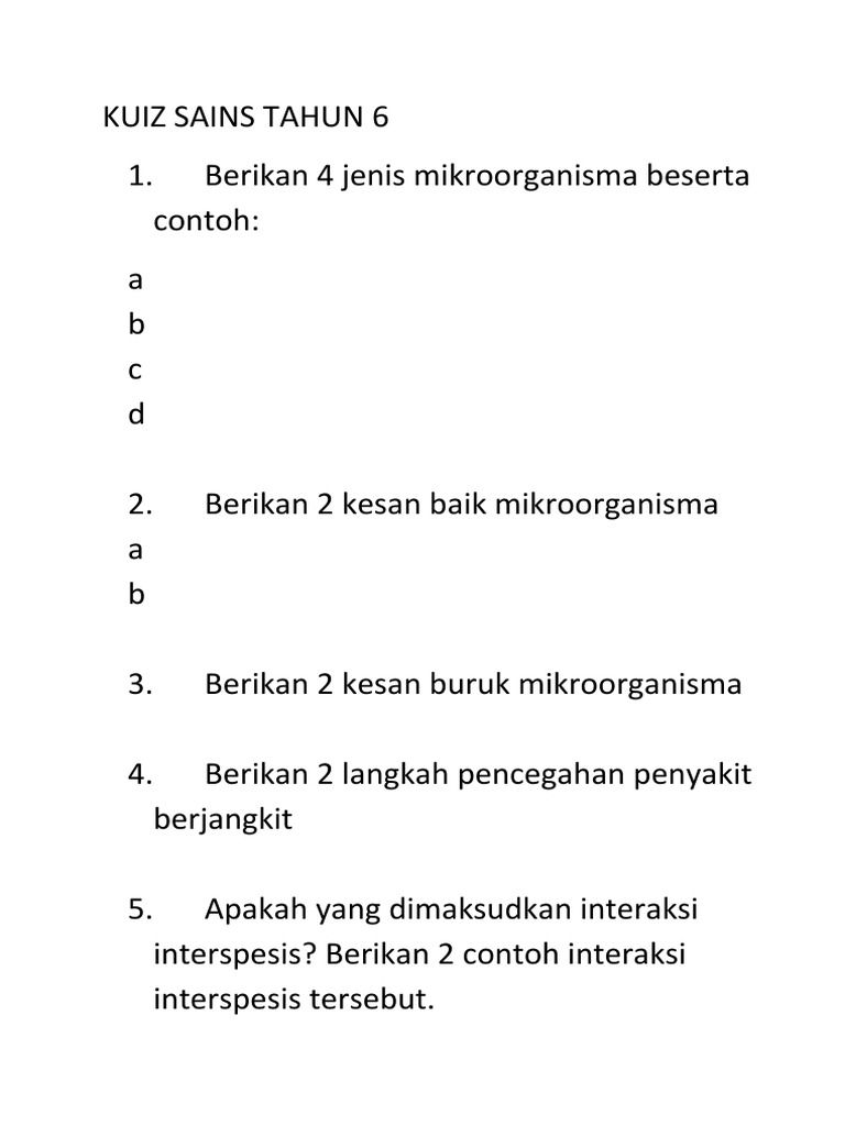 Kuiz Sains Tahun 6 | PDF