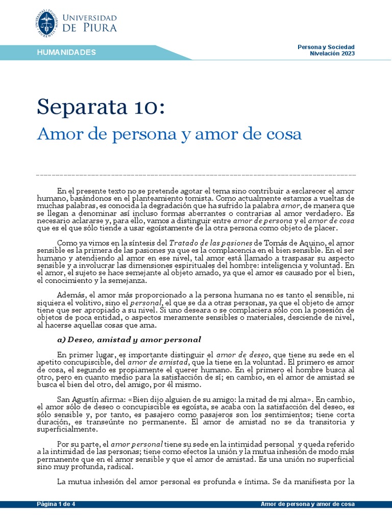 Separata 10 Amor de Persona y Amor de Cosa | PDF | Amor | Metafísica