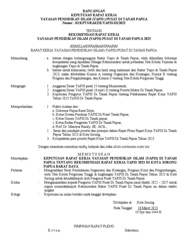 Rekomendasi Raker Yapis 2023 | PDF