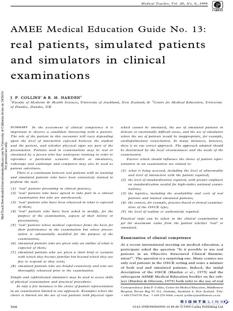 Harden, Collins. (1998) AMEE Medical Education Guide No. 13. Real ...