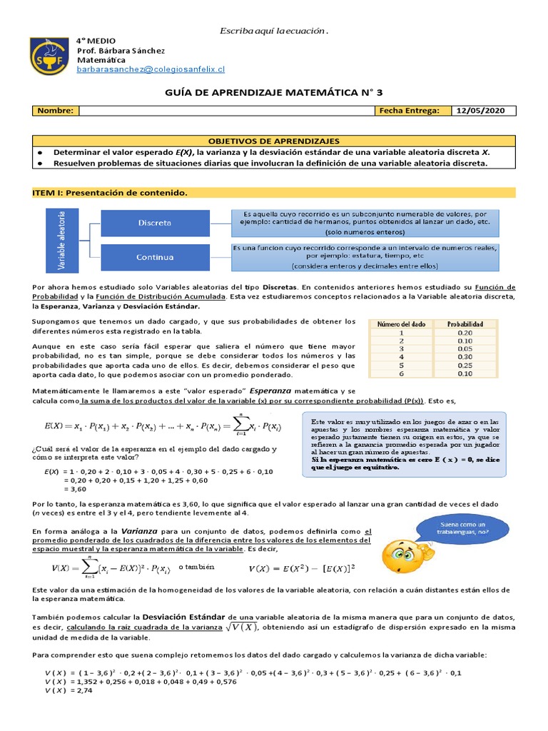 Solucionario Matemática #3 - 4M | PDF | Valor esperado | Diferencia