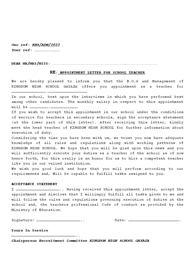 Appointment Letter 2023 KINGDOM HIGH SCHOOL | PDF