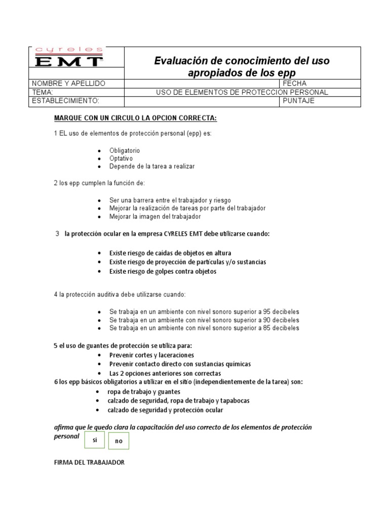 Evaluación de conocimiento del uso apropiados de los epp | PDF