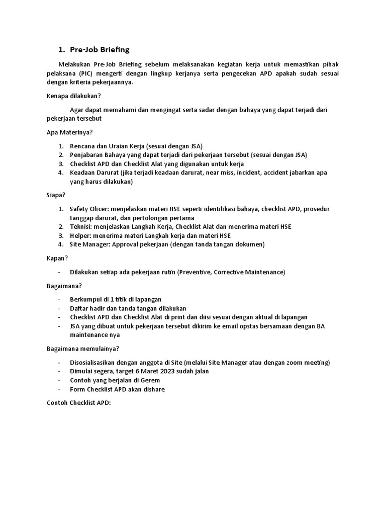 PreJob Briefing | PDF | Komputer