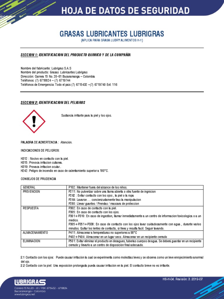 FDS - Grasas | PDF | Agua | Ventilación (Arquitectura)
