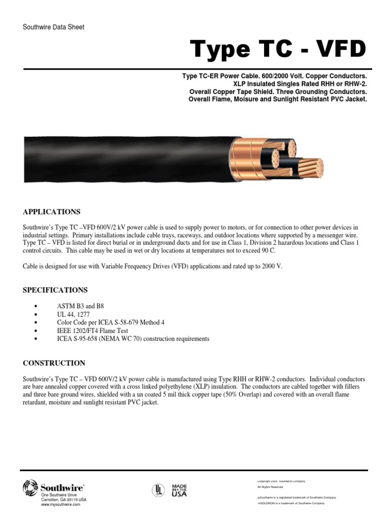 SW 2 KV VFD Cable Formal Data Sheet | PDF | Electrical Conductor ...