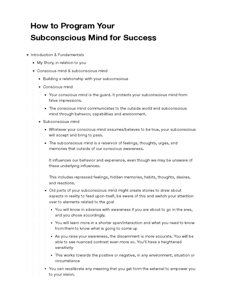 OUTLINE How To Program Your Subconscious Mind For Success | PDF | Mind | Experience