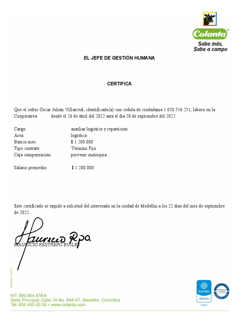 Certificacion Colanta | PDF