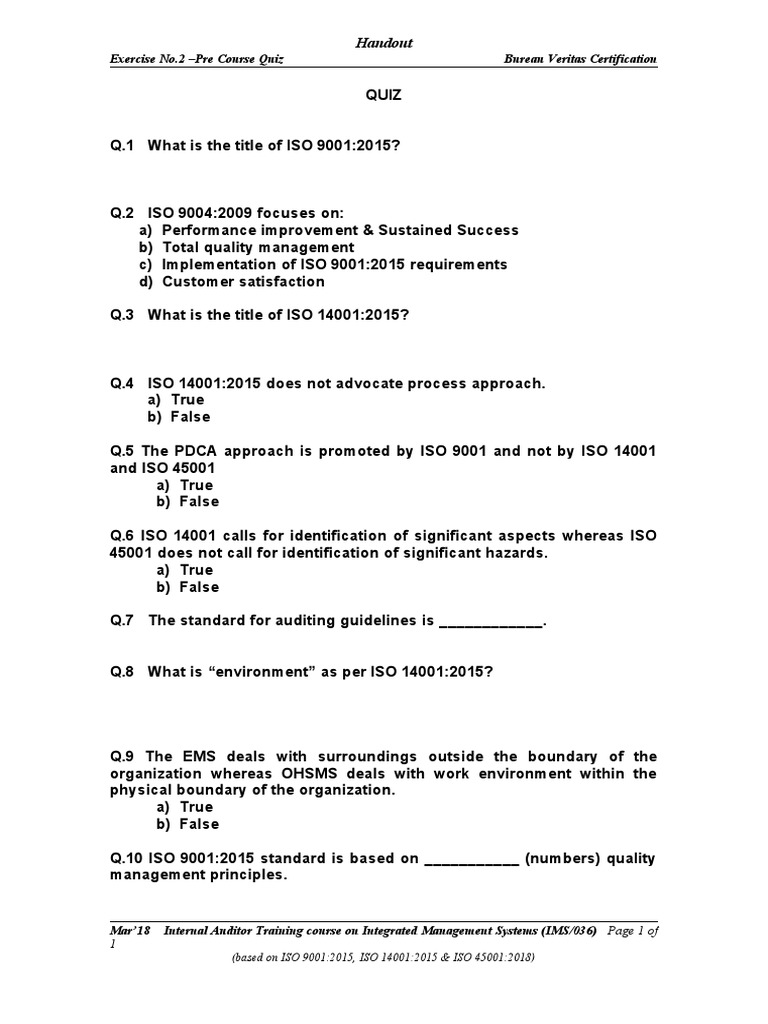 Iso Ims Pre Course Quiz Pdf