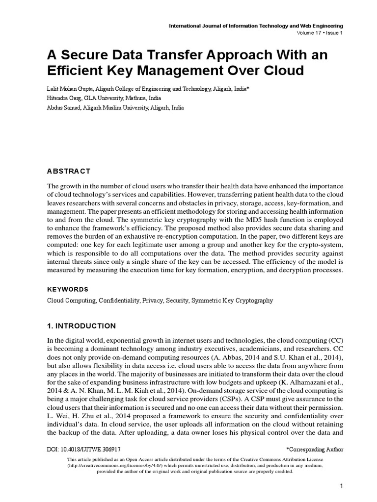 A Secure Data Transfer Approach With An Efficient Key Management Over Cloud | PDF | Key ...