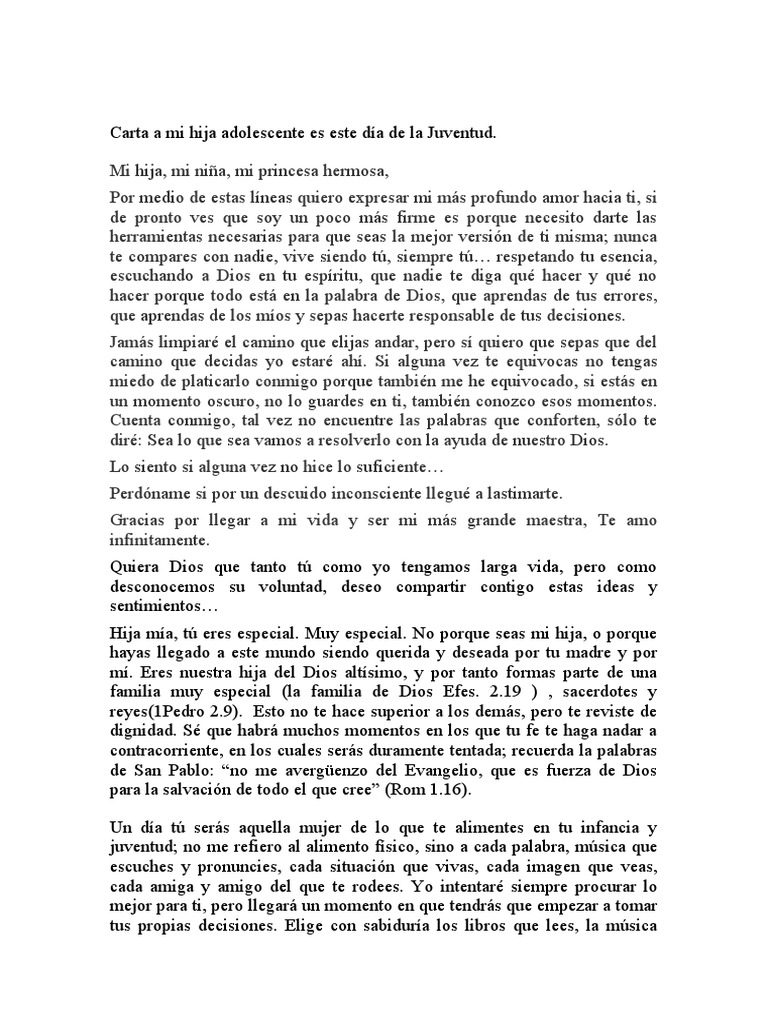 Carta A Mi Hija Adolescente Es Este Día de La Juventud | PDF | Amor | Dios