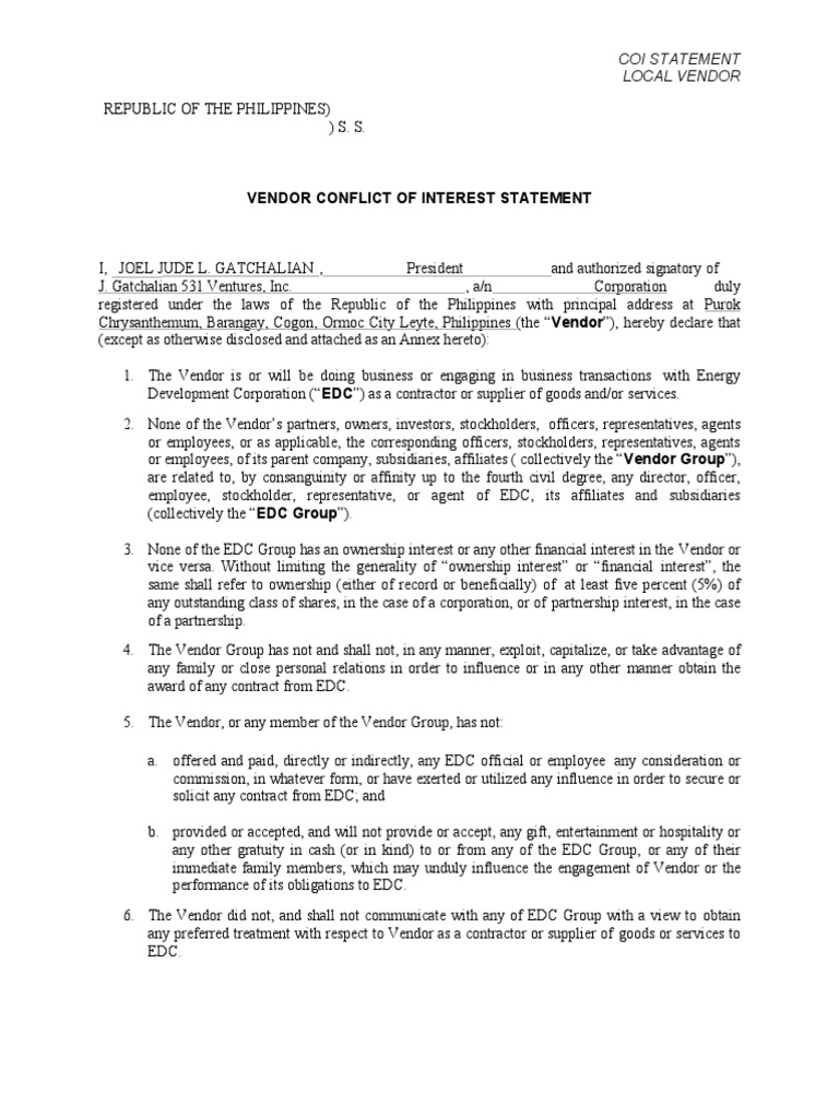 2023 COI Statement Template - Localvendor | PDF | Employment | Conflict ...