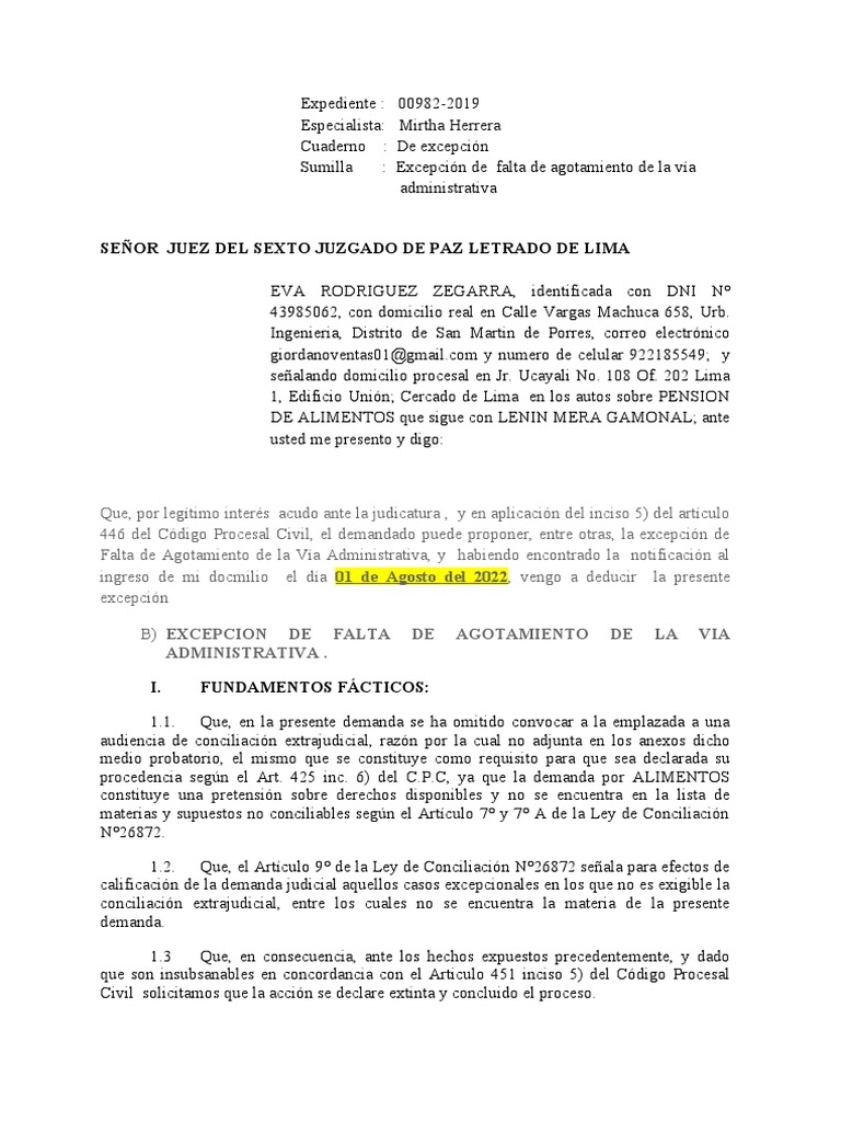 Excepcion Eva Zegarra | PDF | Demanda judicial | Judicaturas