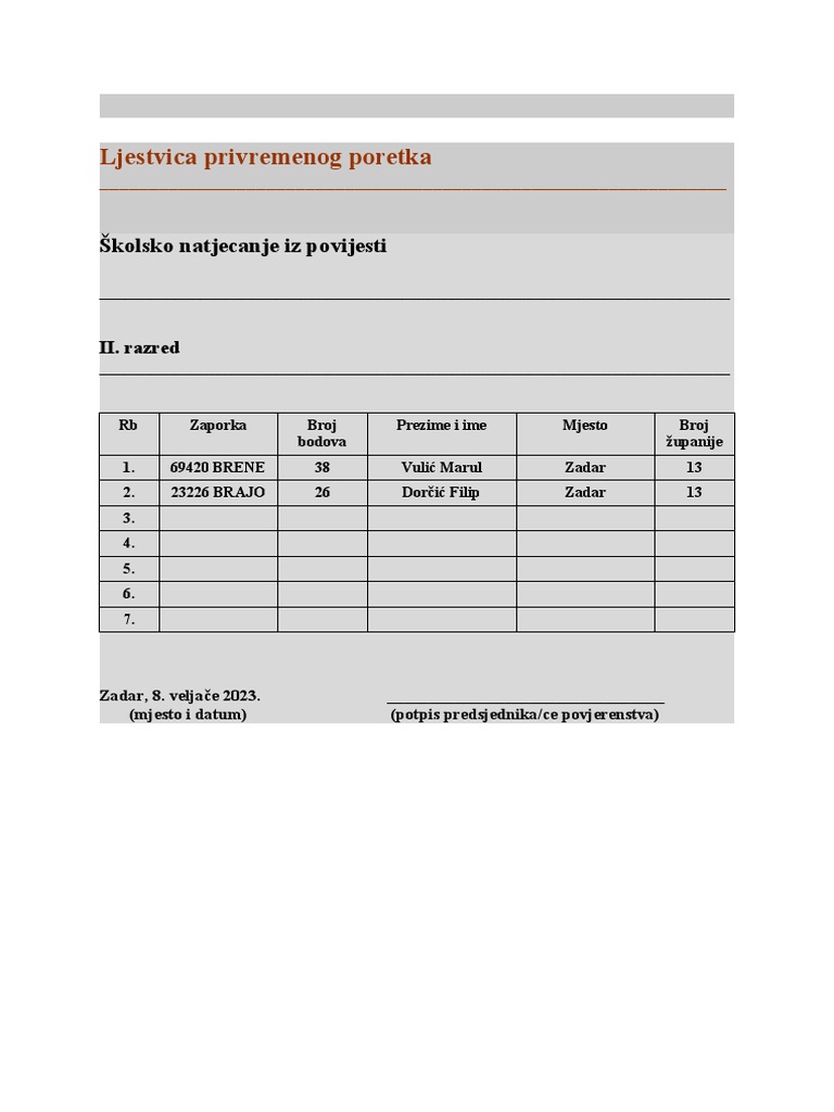 Prilog 2 Ljestvica Privremenog Poretka | PDF