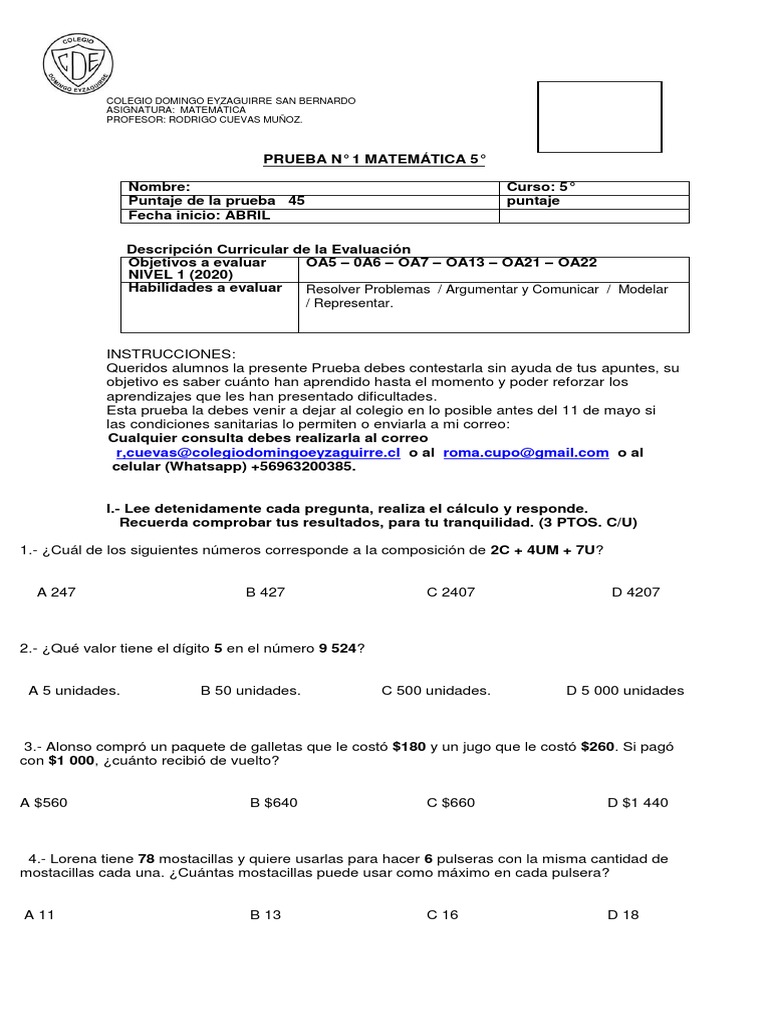 Prueba N°1 Matemática 5° Básico | PDF