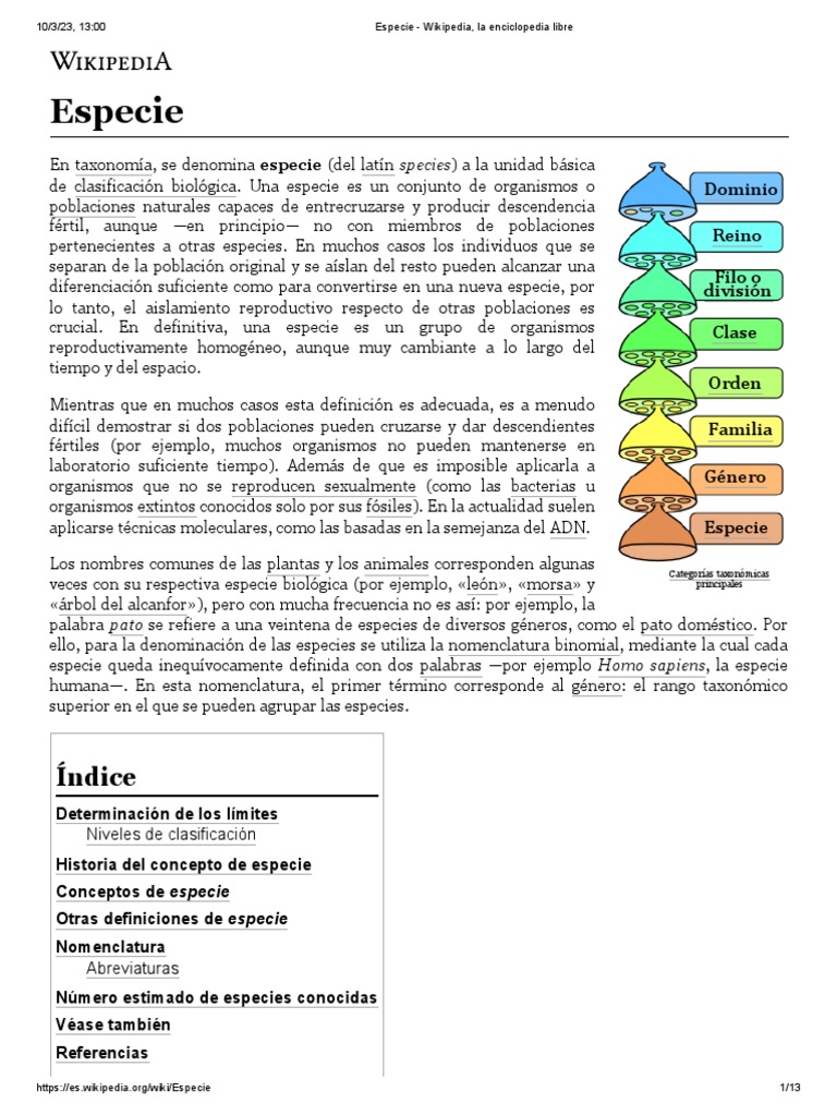 Especie - Wikipedia, La Enciclopedia Libre | PDF | Especies | Organismos