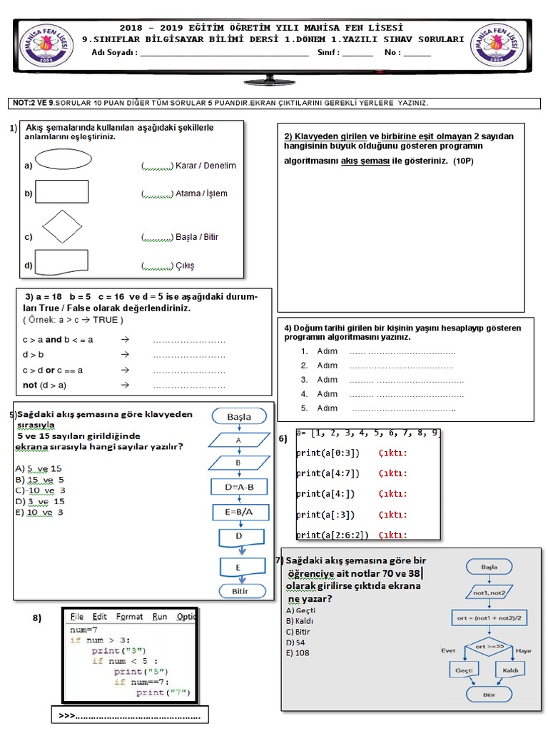 Bilgisayar Bilimi Dersi 1. Donem 2. Sinav Sorulari Ornek 5 PDF | PDF