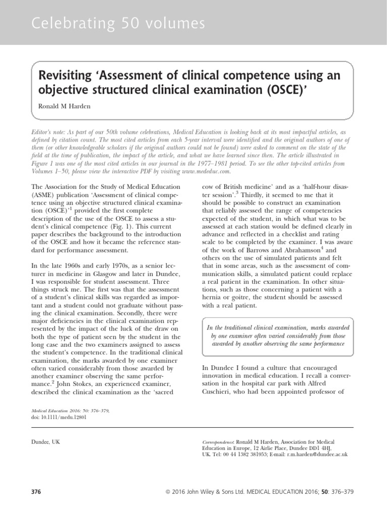Revisiting Assessment of Clinical Competence Using An OSCE | PDF | Medical Education | Health Care