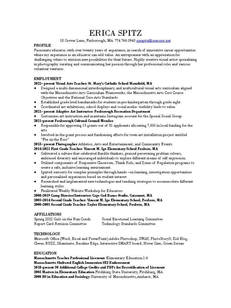 Erica Spitz Resume | PDF | Teachers | Curriculum