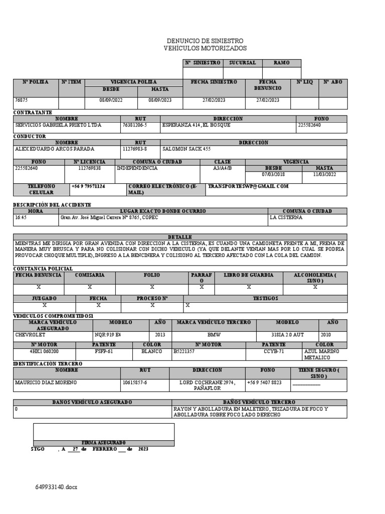 Formulario Siniestro | Descargar gratis PDF | Transporte privado | Vehículo de motor