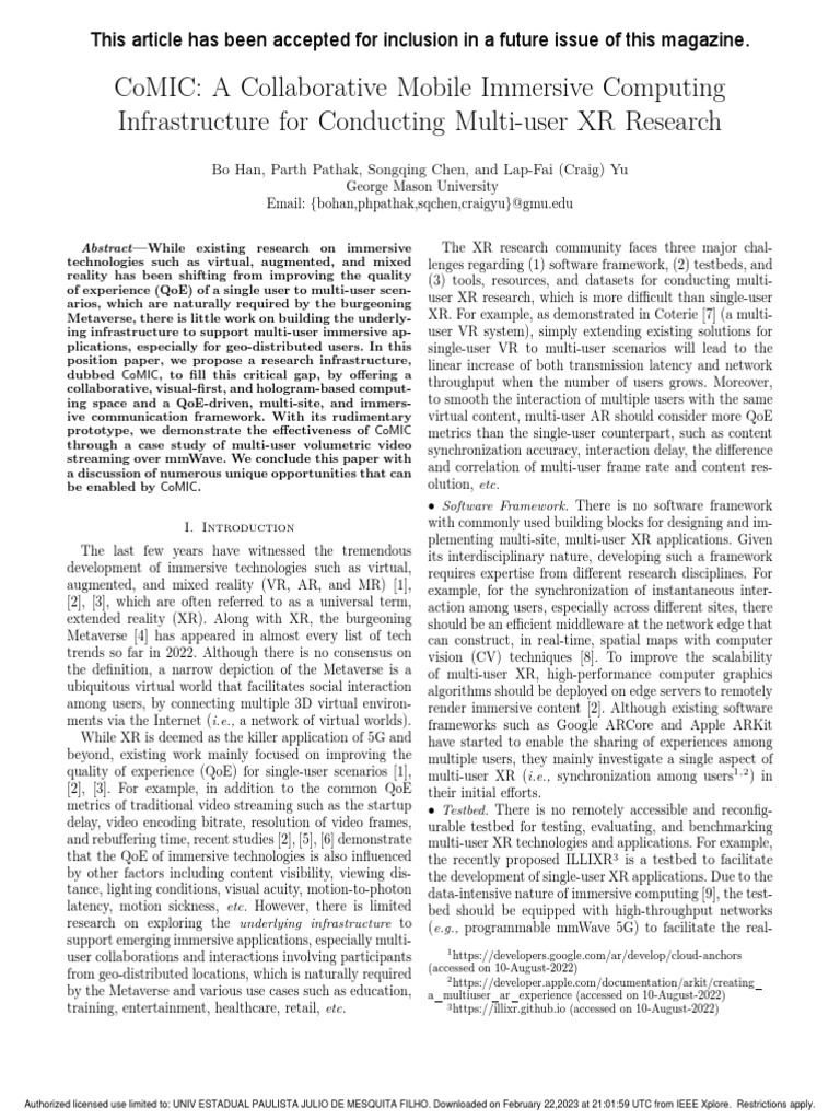 CoMIC A Collaborative Mobile Immersive Computing Infrastructure For Conducting Multi-User XR ...