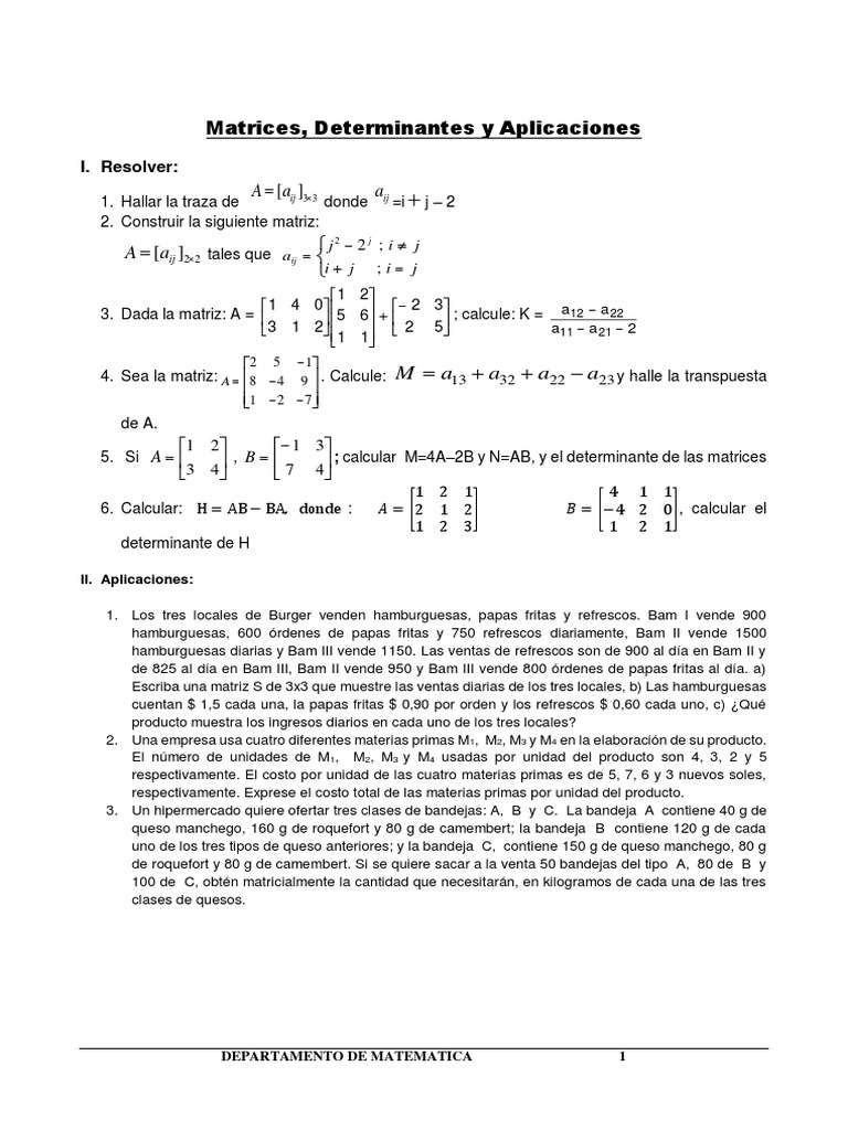 Matrices y Determinantes para Resolver Problemas de Aplicaciones | PDF ...