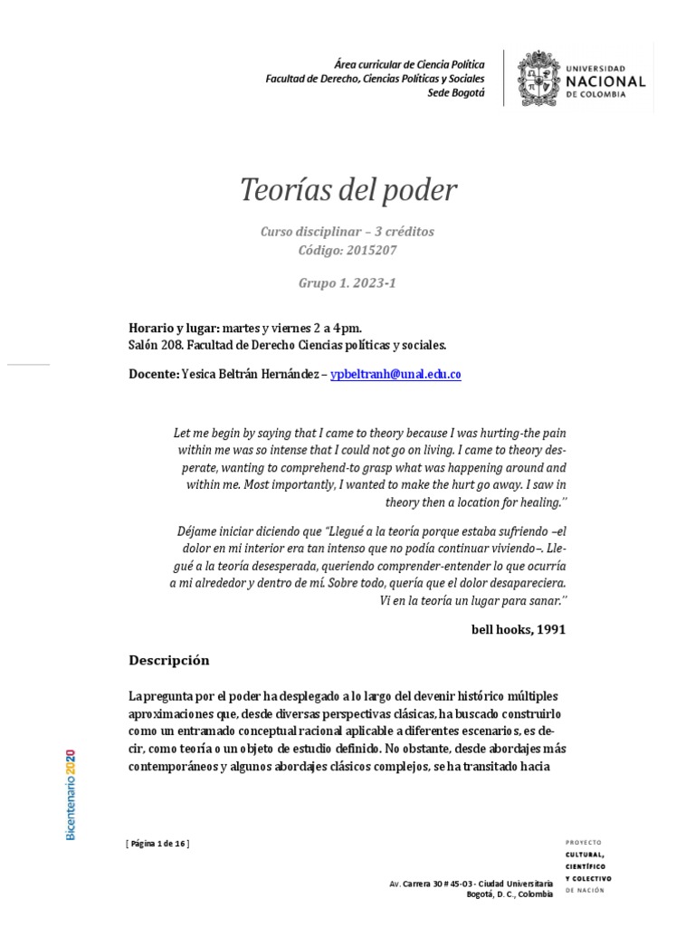 Programa Teorías Del Poder 2023-1 Universidad Nacional de Colombia | PDF | Michel Foucault ...