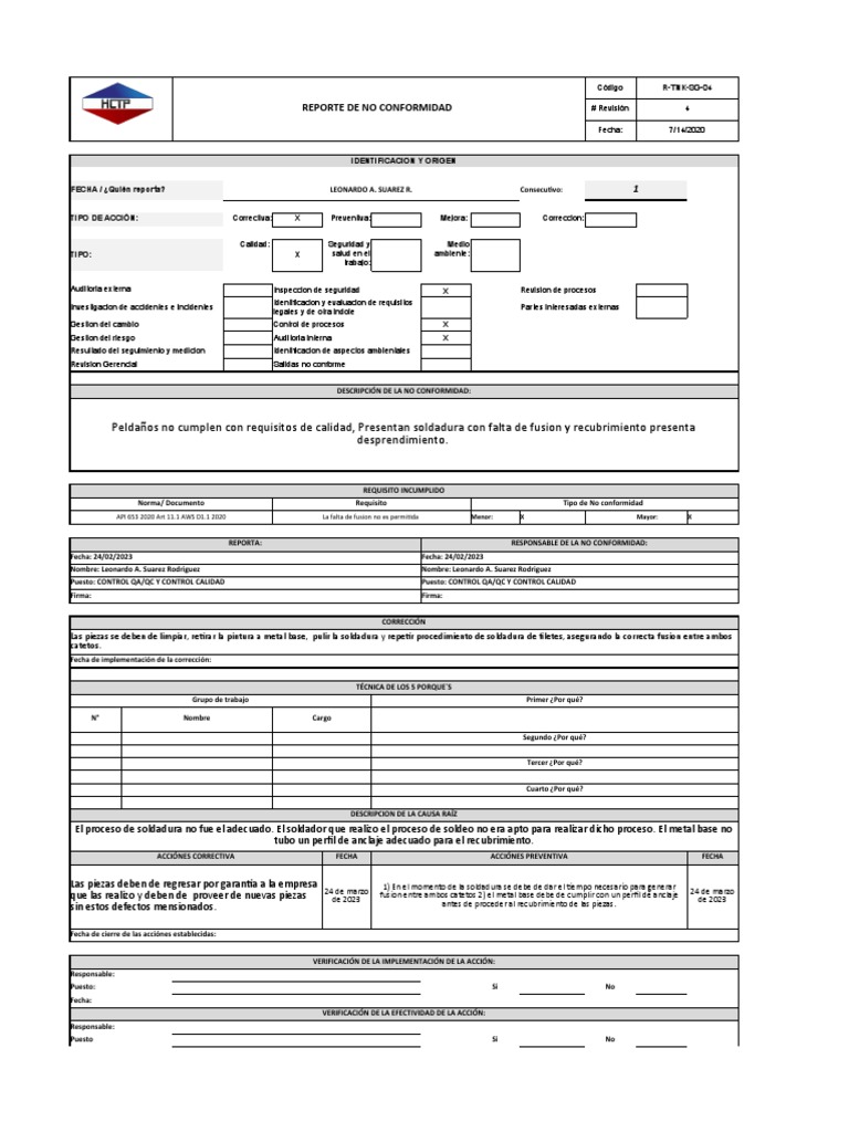 Formato de No Conformidad | PDF | Soldadura | Construcción