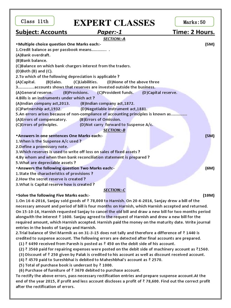 11th Accounts Mock Paper-1 | PDF | Banks | Cheque