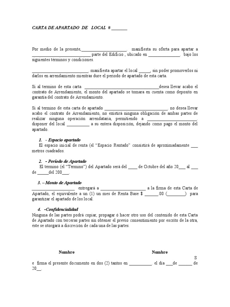 Carta de Apartado de Local # - : Nombre Nombre | PDF