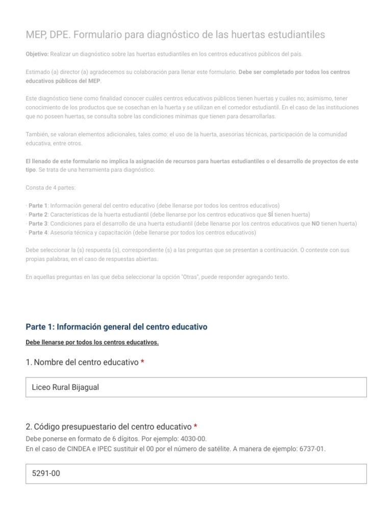 MEP, DPE. Formulario para Diagnóstico de Las Huertas Estudiantiles ...