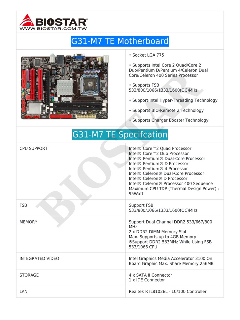 Biostar G31-M7 Te Spec | PDF | Computing | Computer Engineering