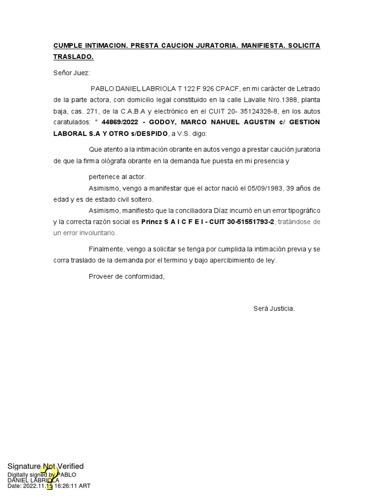 3 Cumple Intimacion Presta Caucion Juratoria Manifiesta Solicita | PDF