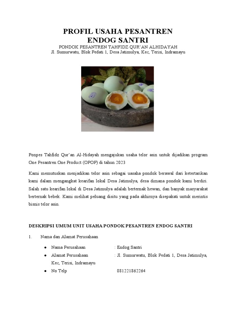 Profil Usaha Pesantren - Endog Santri | PDF | Bisnis | Kesehatan Holistik