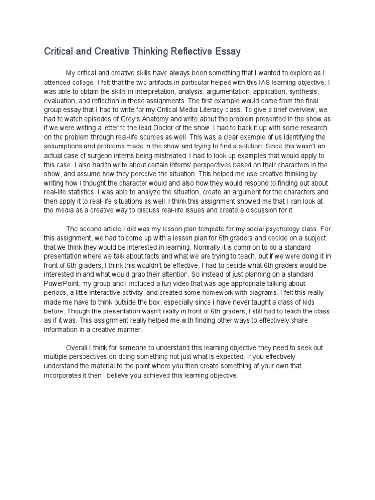 Critical and Creative Thinking Reflective Essay Final Version 2 | PDF | Thought | Creativity