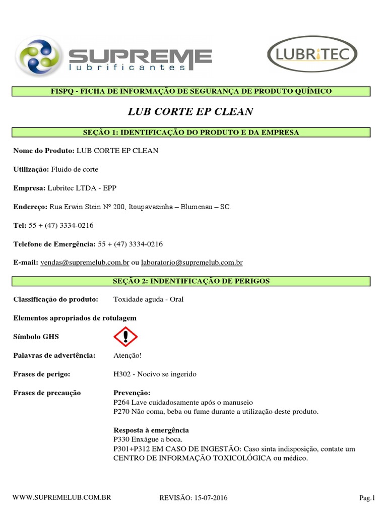 Lub Corte EP CLEAN - FISPQ | PDF | Embalagem e rotulagem | Águas residuais