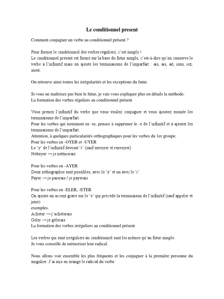 Le Conditionnel Present | PDF | Verbe | Typologie linguistique