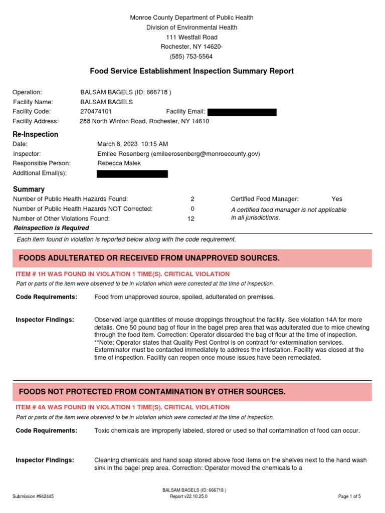 Balsam Bagels Health Inspection Report | PDF | Pest Control | Kitchen ...