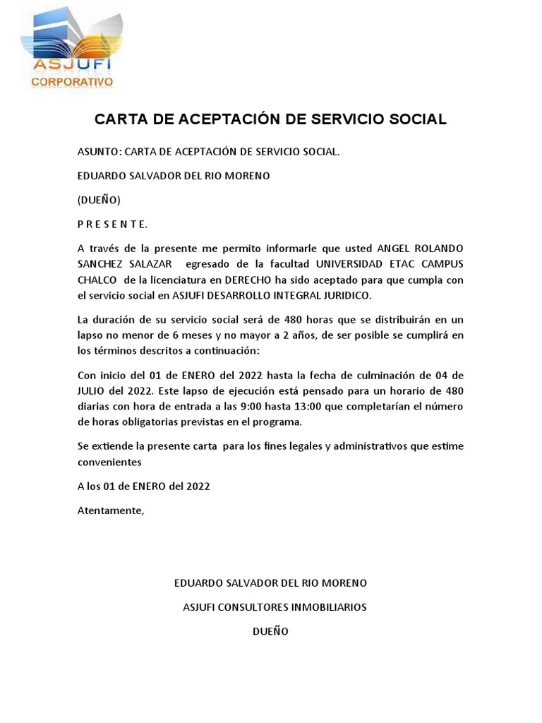 Carta de Aceptación de Servicio Social | PDF