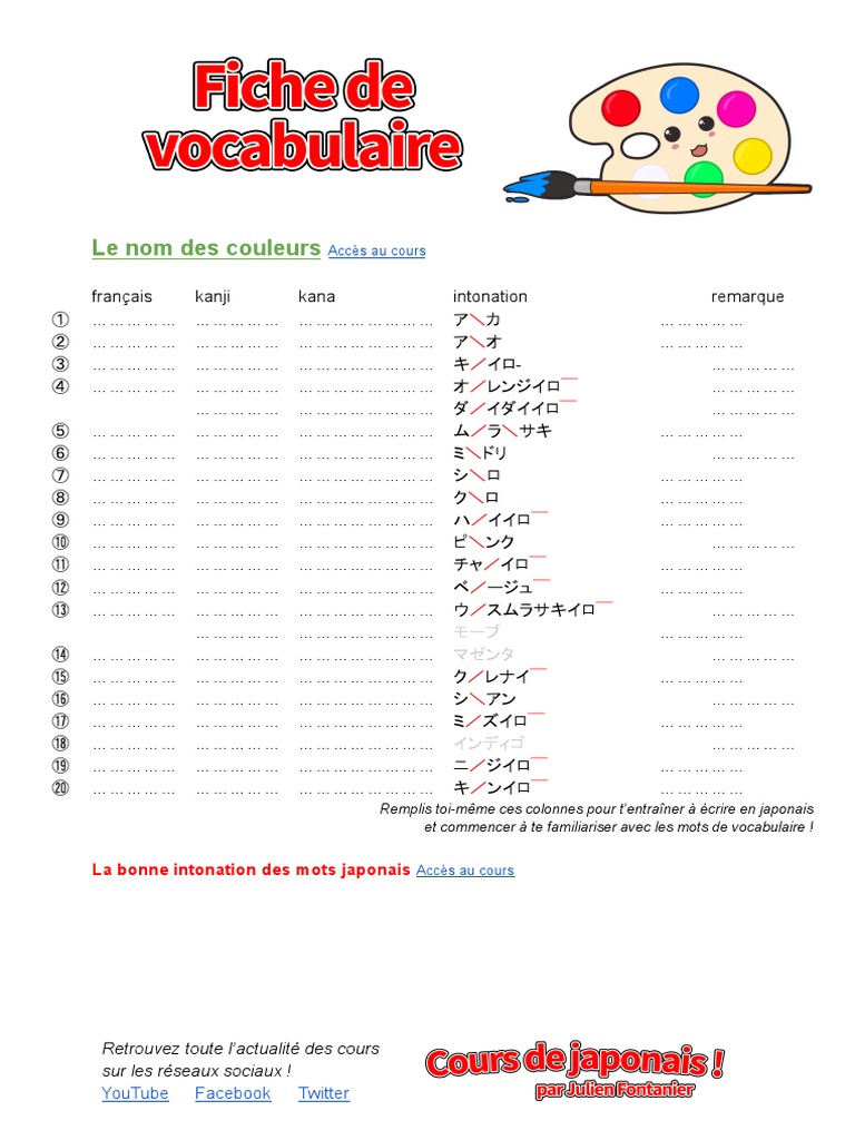 Le Nom Des Couleurs - Fiche de Vocabulaire | PDF