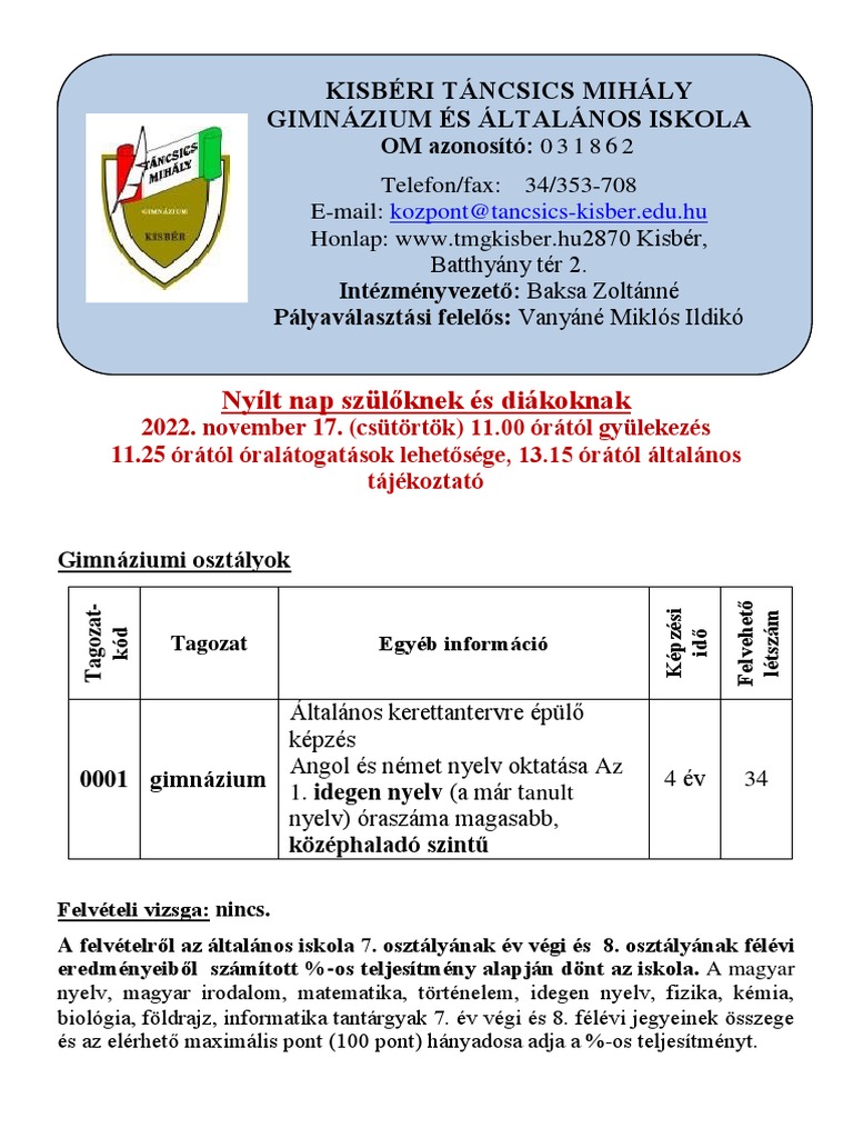 Beiskolazasi Tajekoztato Kisber Tancsics | PDF