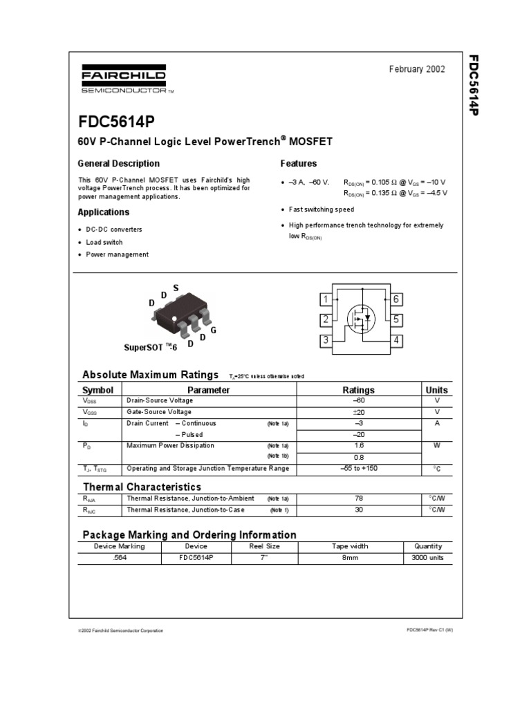 Fairchild - Semiconductor FDC5614P Datasheet | PDF | Field Effect Transistor | Mosfet