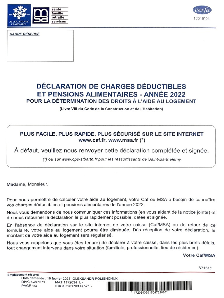 La Déclaration de Ressources 2022 Pour Le Calcul de L'aide Au Logement | PDF