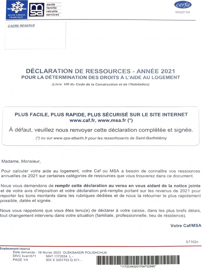 La Déclaration de Ressources 2021 Pour Le Calcul de L'aide Au Logement | PDF